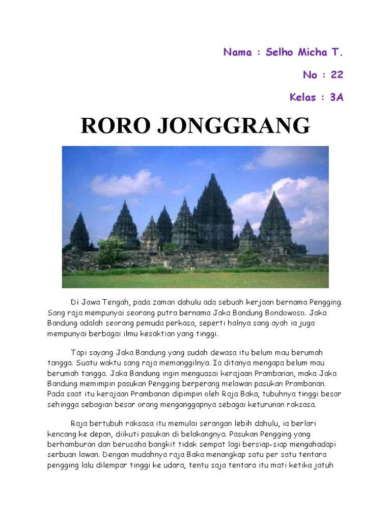 Roro Jonggrang: Kisah Legenda Asal Mula Candi Prambanan | PDF