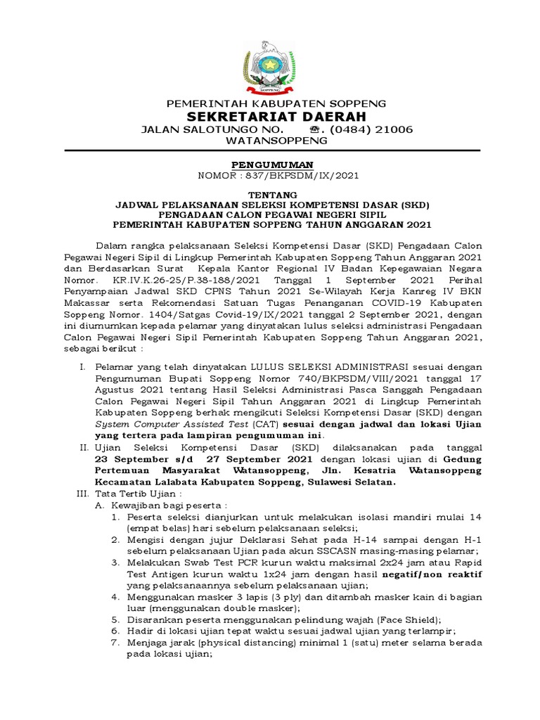Pengumuman Jadwal Ujian SKD 2021 | PDF