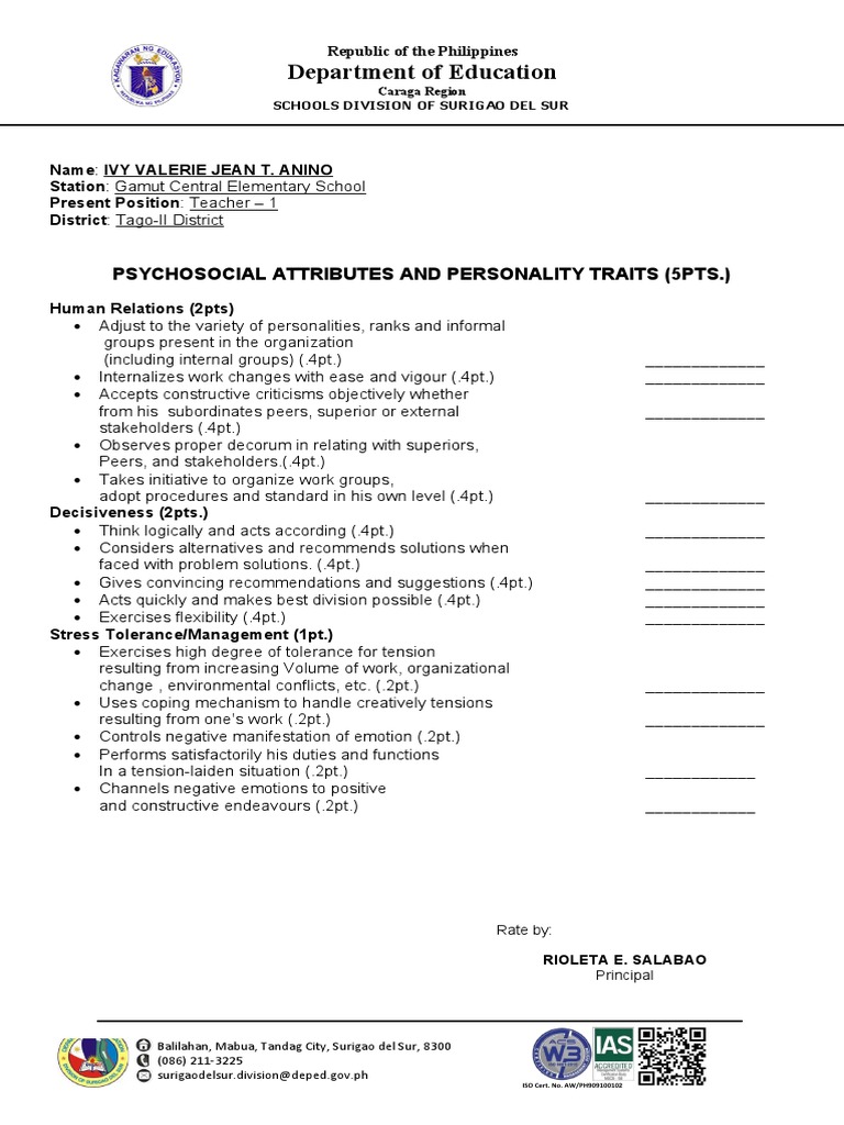 Department of Education: Psychosocial Attributes and Personality Traits ...