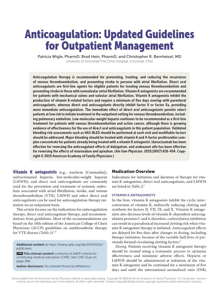 Anticoagulation Updated Guidelines For Outpatient Management | PDF ...