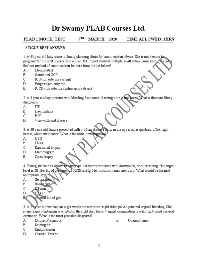 7th March 2020 Plab 1 Mock | PDF | Hypertension | Anemia