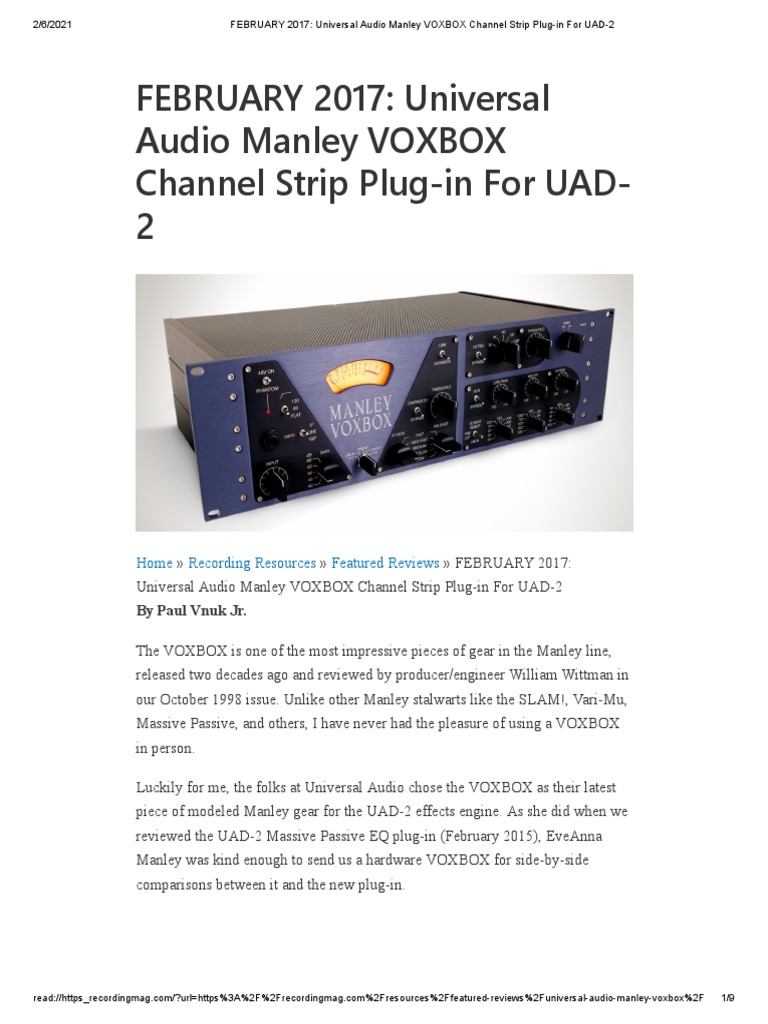 FEBRUARY 2017 - Universal Audio Manley VOXBOX Channel Strip Plug-In For ...