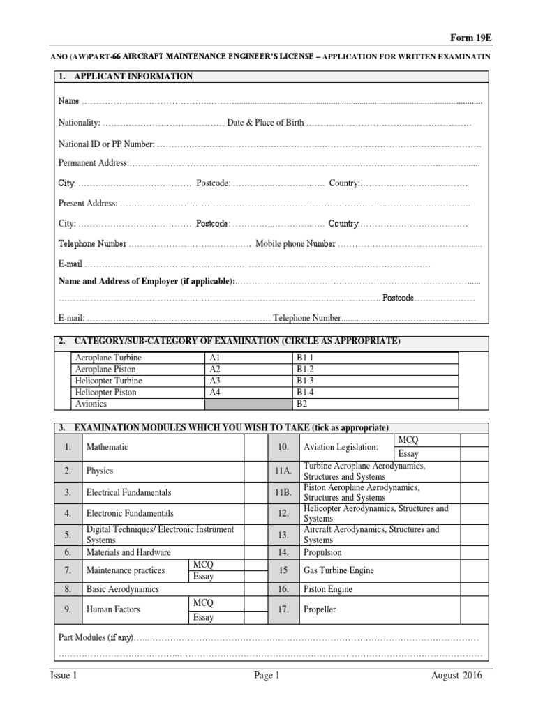 Applicant Information: Ano (Aw) Part-66 Aircraft Maintenance Engineer'S ...