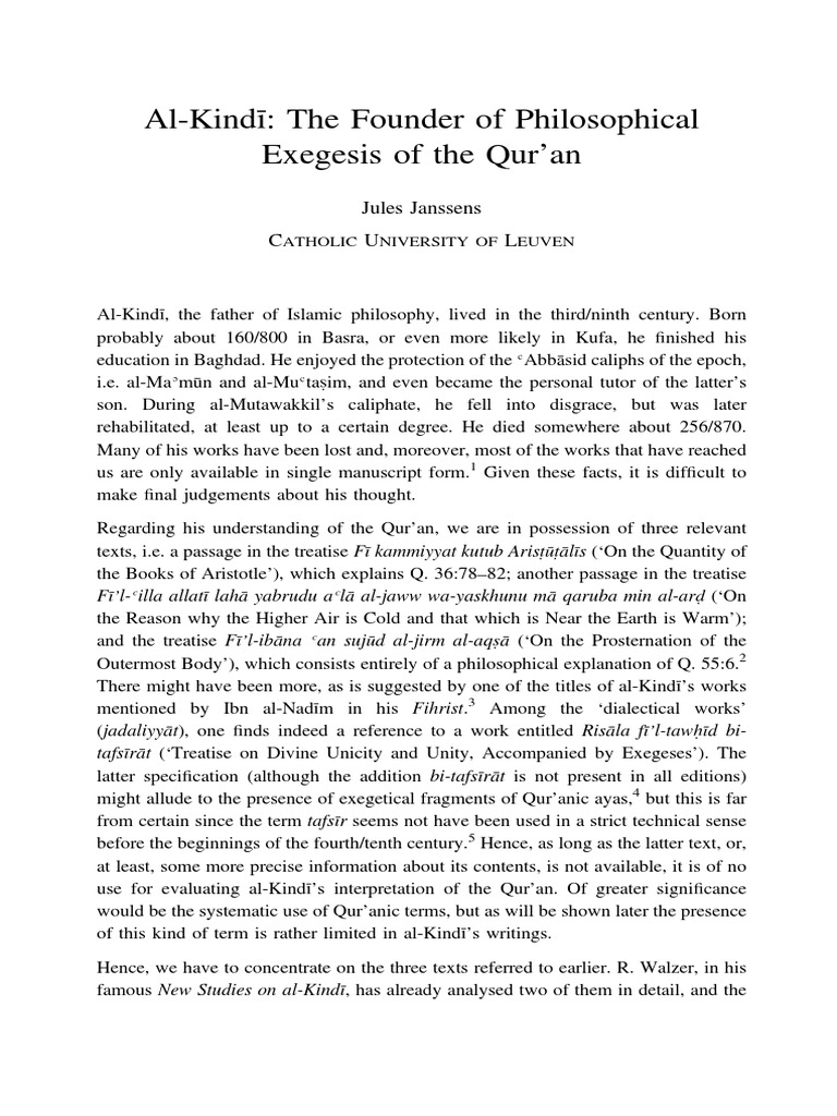 Al-Kindī: The Founder of Philosophical Exegesis of The Qur'an | PDF ...