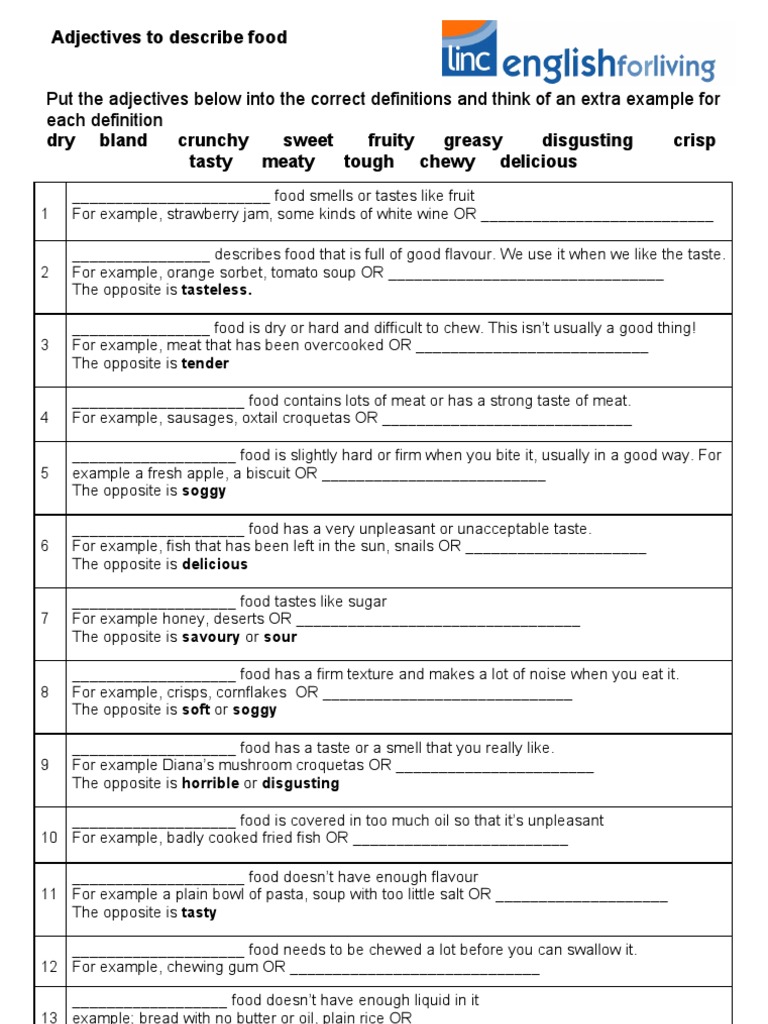 Adjectives To Describe Food | PDF | Taste | Foods