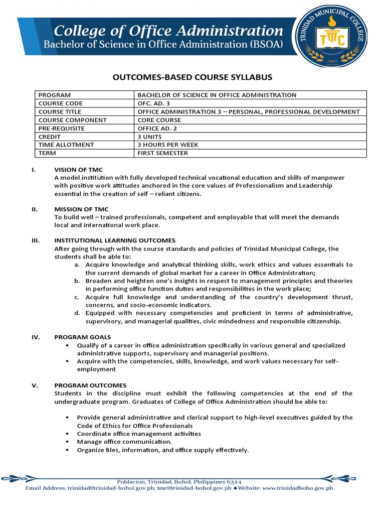 Outcomes-Based Course Syllabus: I. Vision of TMC | PDF | Learning ...