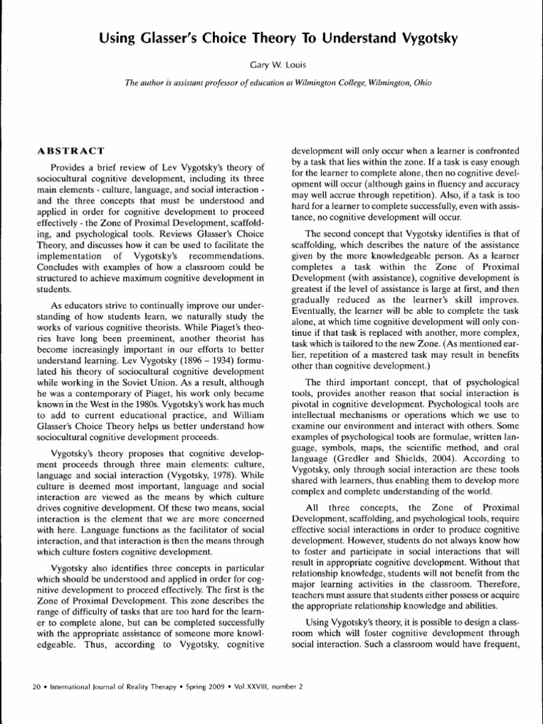 Using Glasser's Choice Theory To Understand Vygotsky | PDF | Cognitive ...