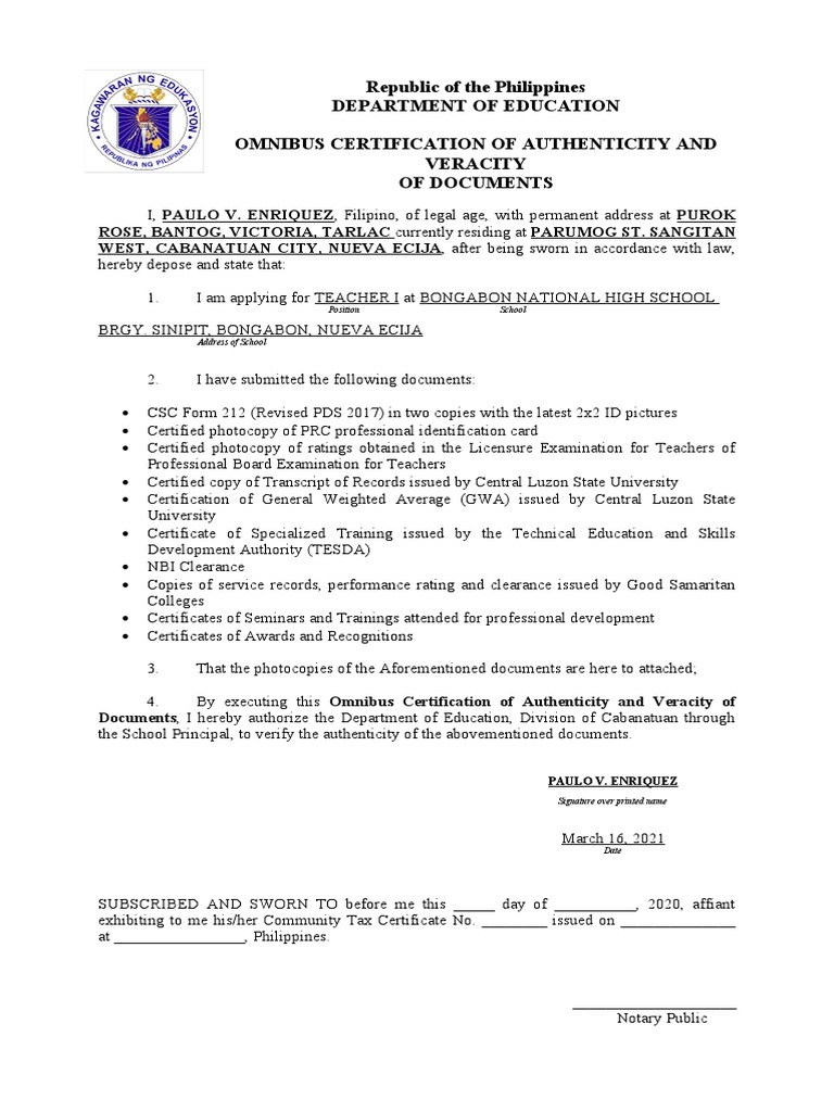 Omnibus Certification of Authenticity and Veracity of Documents | PDF ...