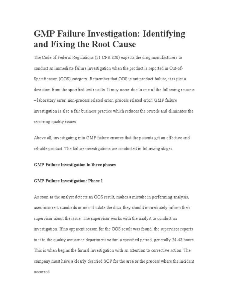 GMP Failure Investigation | PDF | Evaluation | Quality
