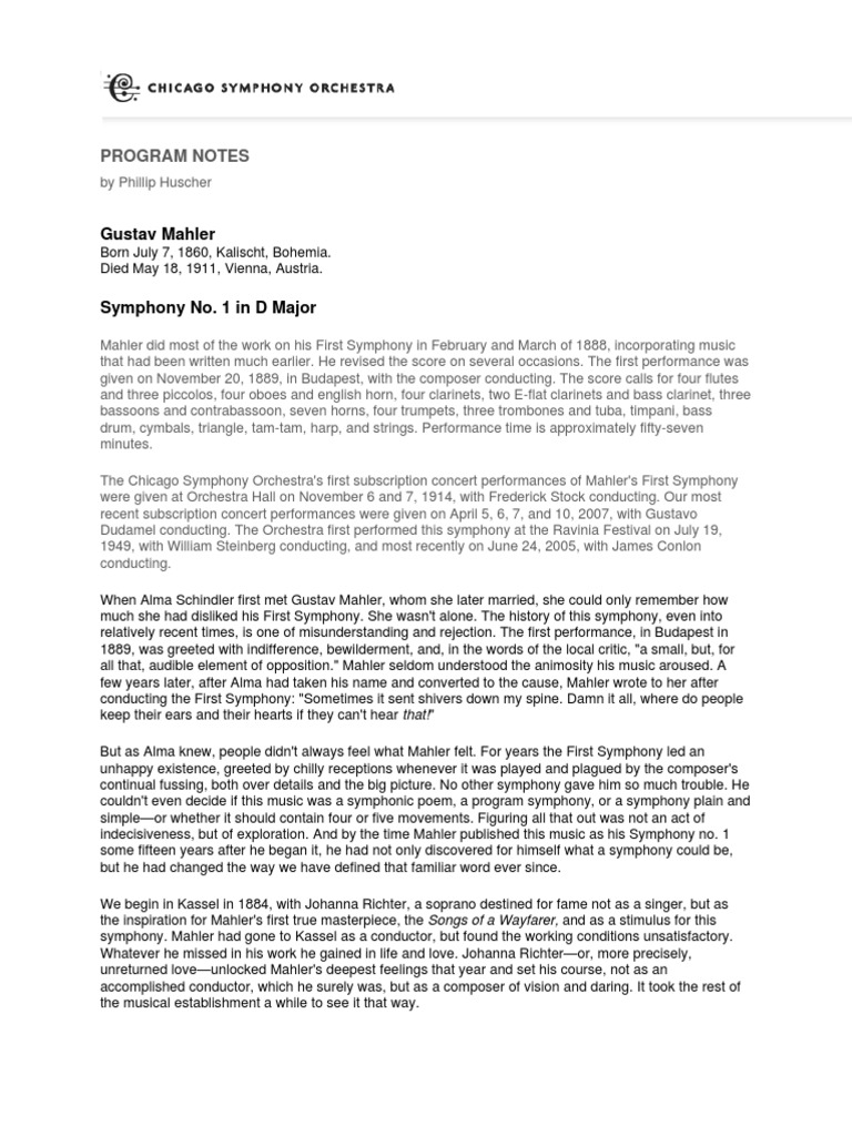 Program Notes: Gustav Mahler | PDF | Orchestras | Classical Music