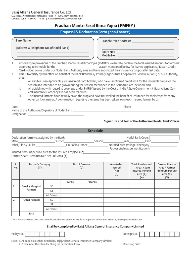 Declaration Form For Non Loanee Farmers - PMFBY (Non-Loanee) | PDF ...