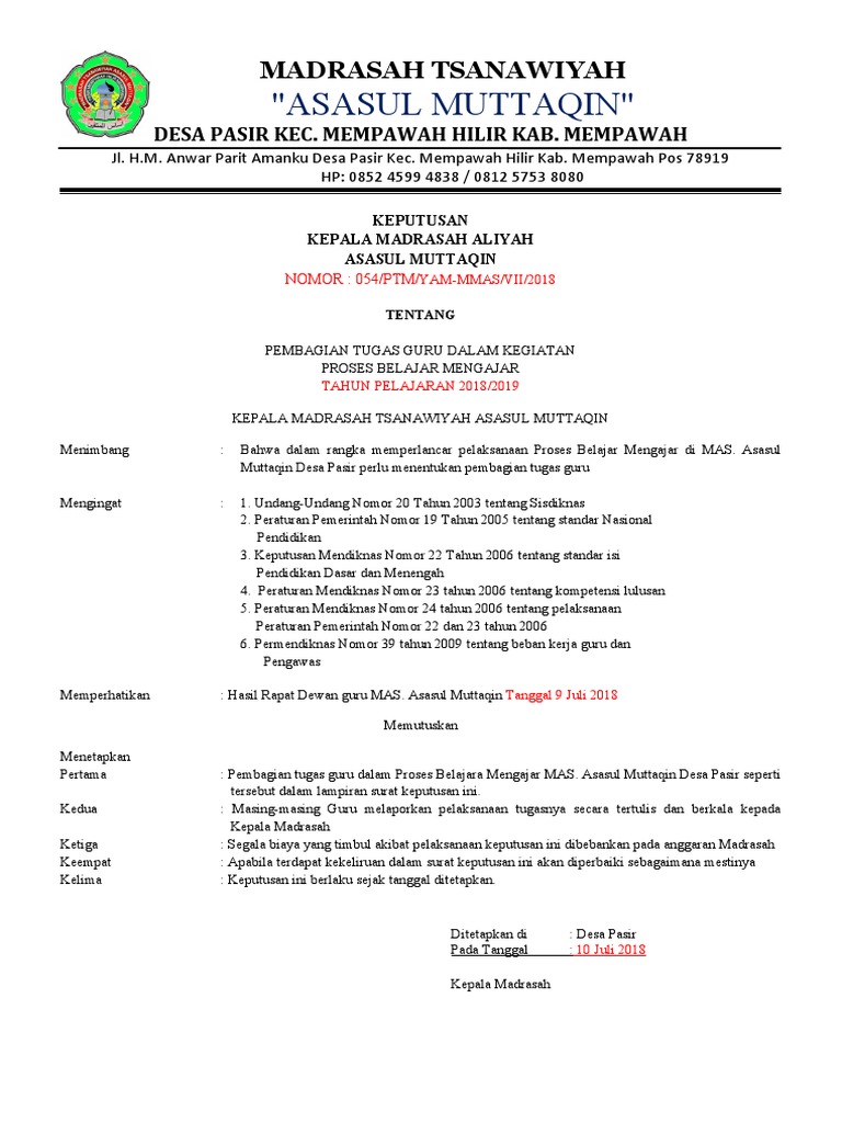 SK Pembagian Tugas Ma | PDF