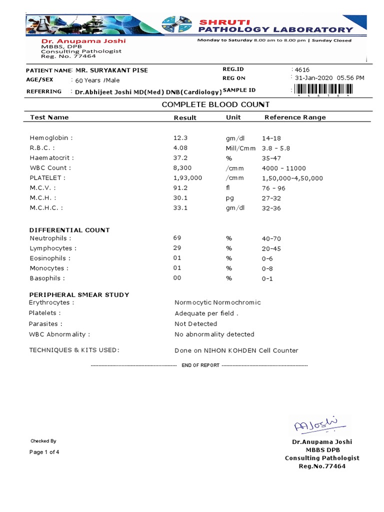Complete Blood Count: Reference Range Unit Result Test Name | PDF ...