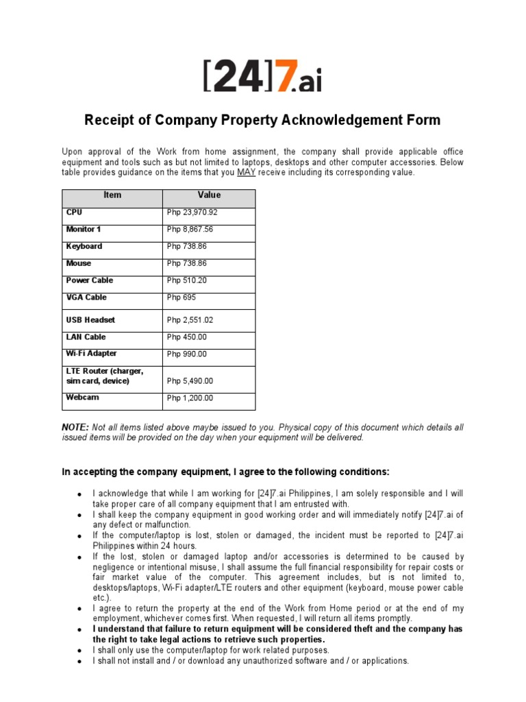 Receipt of Company Property Acknowledgement Form: Item Value | PDF ...
