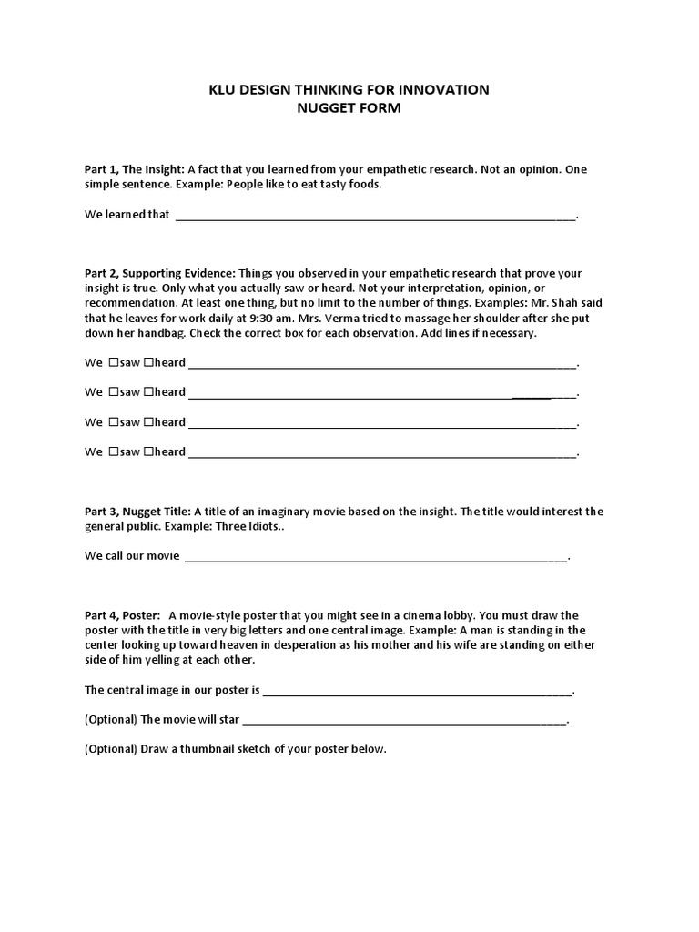 Klu Design Thinking For Innovation Nugget Form | PDF | Self-Improvement