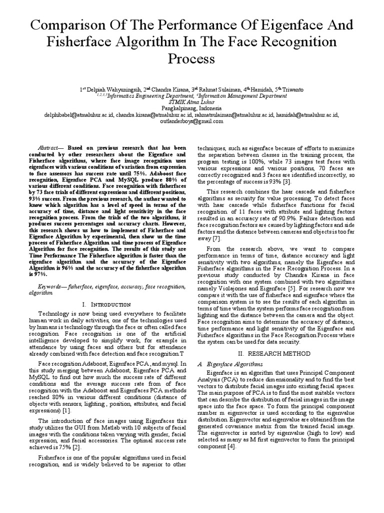 Comparison of The Performance of Eigenface and Fisherface Algorithm in ...