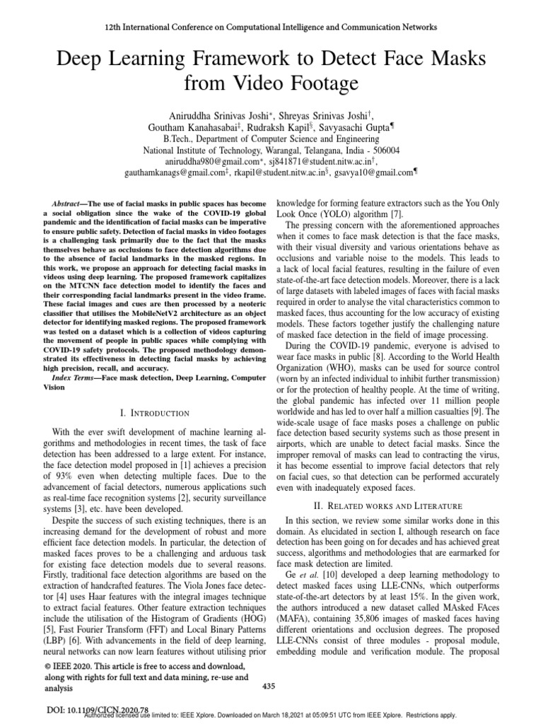 Deep Learning Framework To Detect Face Masks From Video Footage | PDF ...