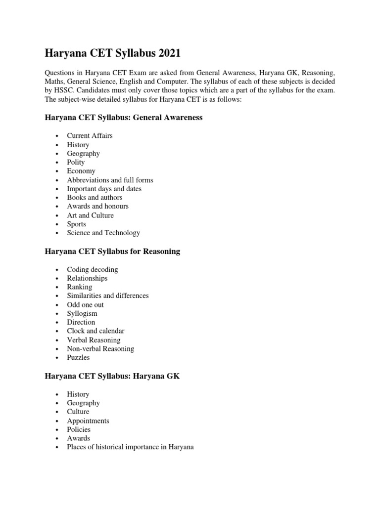 Haryana CET Exam Syllabus 2021 | PDF