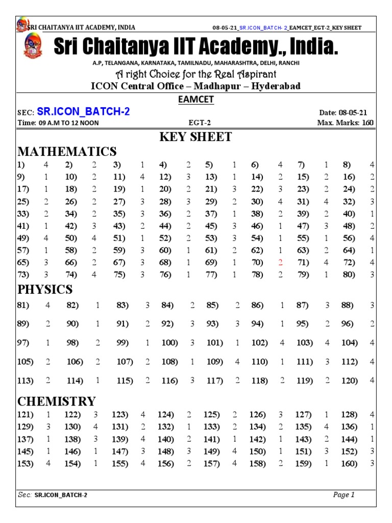 Sri Chaitanya IIT Academy., India.: Key Sheet Mathematics | PDF