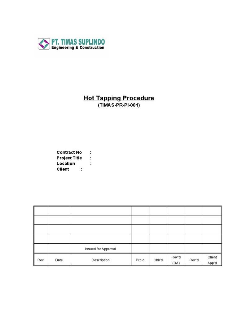 TIMAS-PR-PI-001 - Hot Tapping Procedure | PDF | Welding | Construction