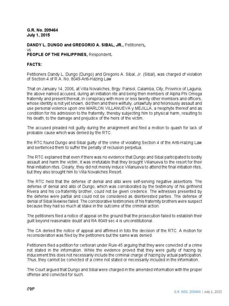 7.dandy L. Dungo and Gregorio A. Sibal, Jr. vs. PP GR No. L-209464 Case ...