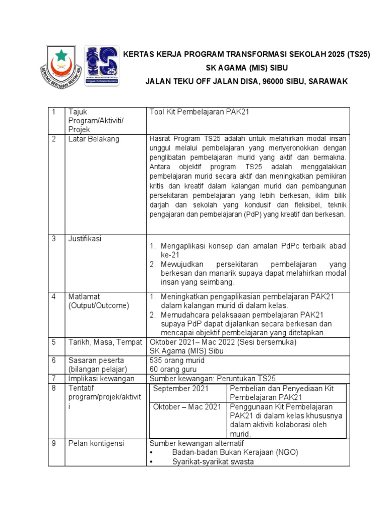 KERTAS KERJA TS25 - Kit Pembelajaran PAK21 | PDF