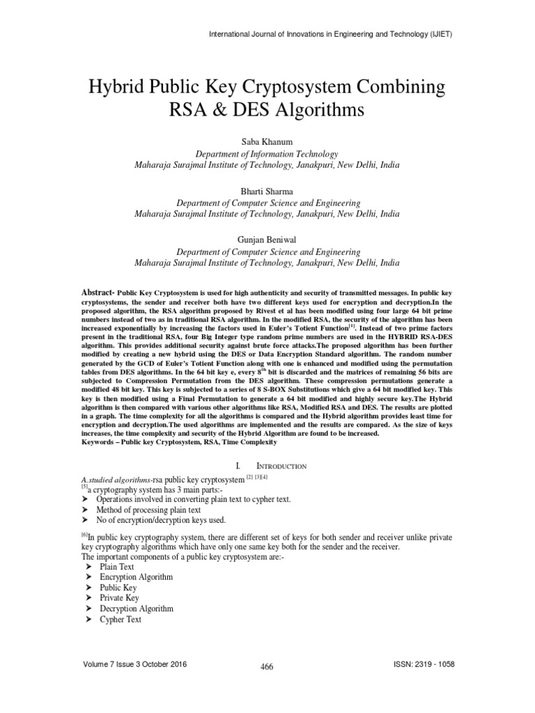 Hybrid Public Key Cryptosystem Combining RSA & DES Algorithms | PDF | Key (Cryptography ...