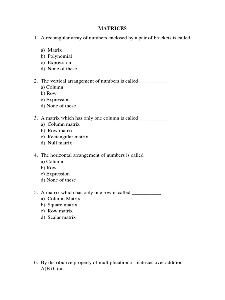 Matrices MCQ | PDF | Matrix (Mathematics) | Mathematics