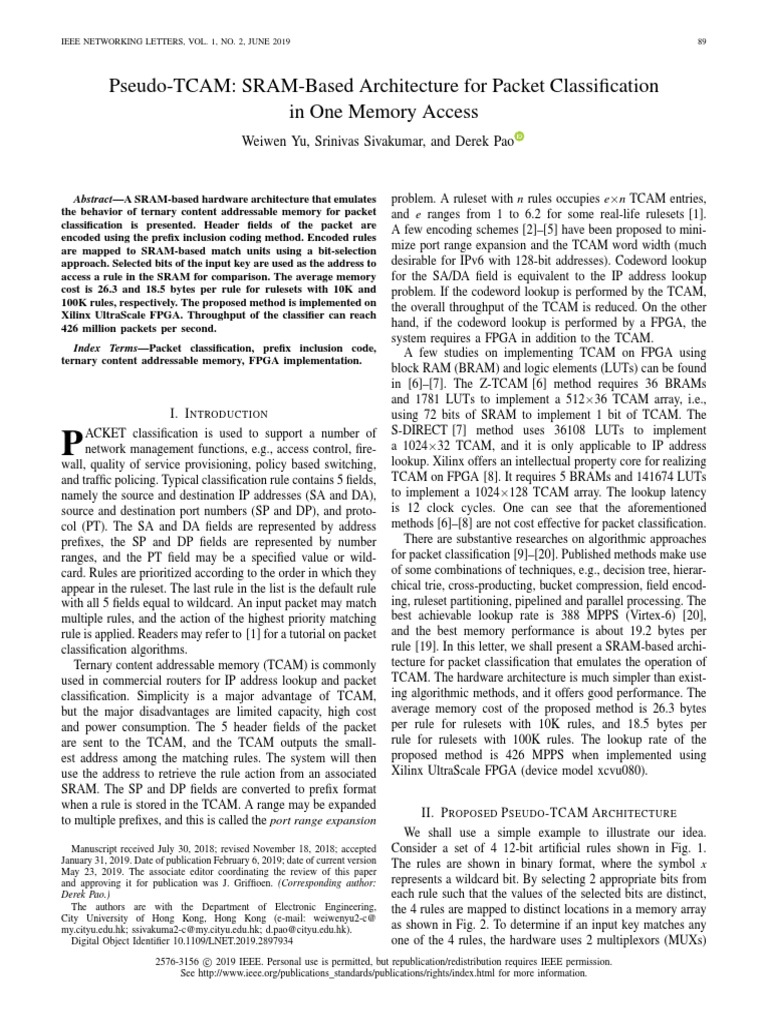 Pseudo-TCAM: SRAM-Based Architecture For Packet Classification in One Memory Access | Download ...