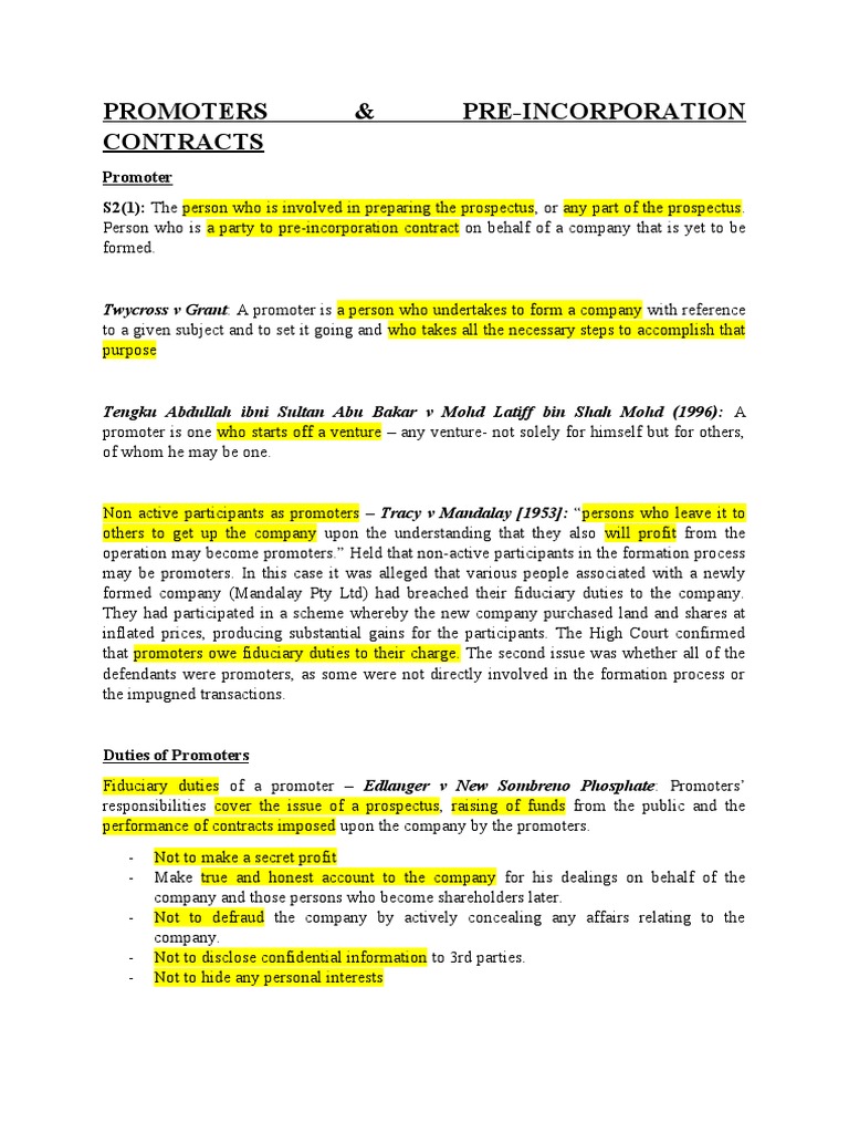 Promoters & Pre Incorporation Contracts | PDF | Legal Liability ...