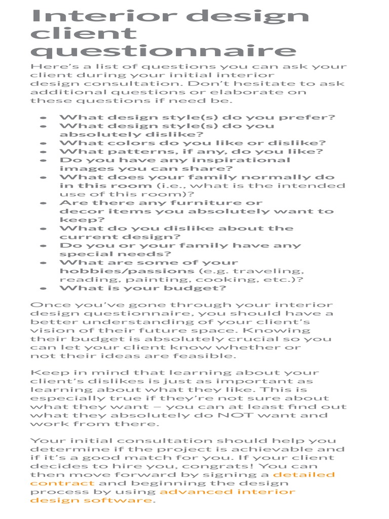 Interior Design Client Questionnaire For Initial Consultation 2020 ...