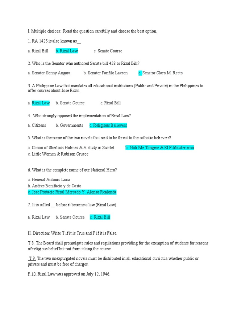 10 Item Quiz in RA 1425 Rizal Law and The Teaching of Rizal Course | PDF