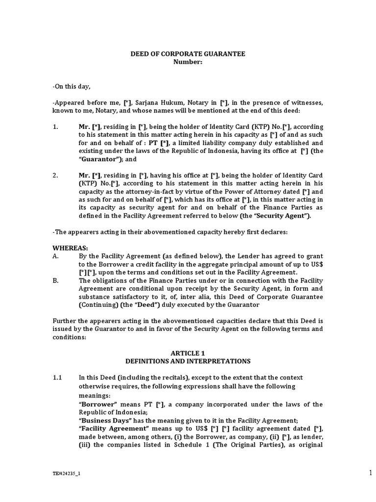 Deed of Corporate Guarantee | Download Free PDF | Guarantee | Indemnity