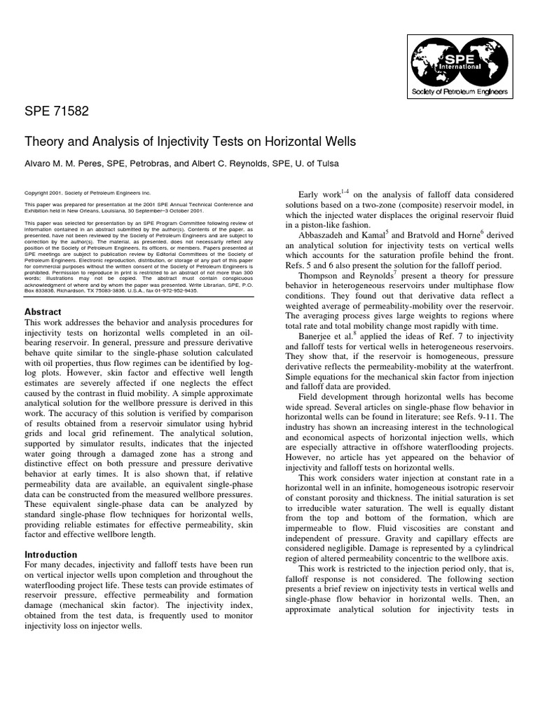 SPE 71582 Theory and Analysis of Injectivity Tests On Horizontal Wells ...