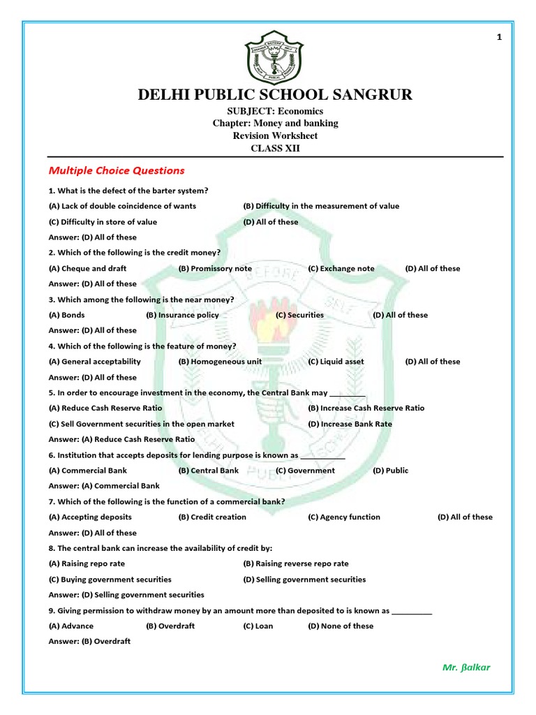 Understanding Money and Banking: A Revision Worksheet with Multiple ...