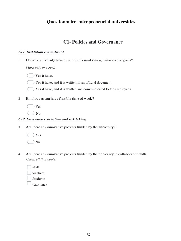 Questionnaire Entrepreneurial Universities: C1-Policies and Governance ...