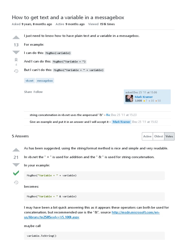 How To Get Text and A Variable in A Messagebox - Stack Overflow | PDF | Software | Software ...