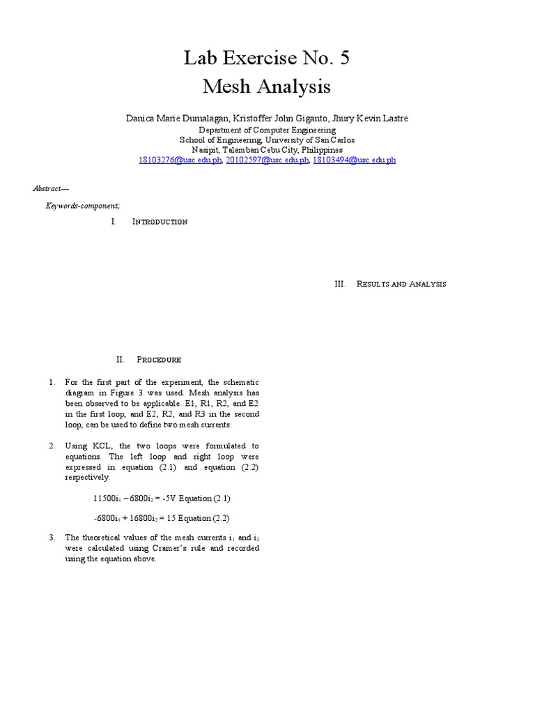Lab Exercise No. 5 Mesh Analysis: Danica Marie Dumalagan, Kristoffer John Giganto, Jhury Kevin ...