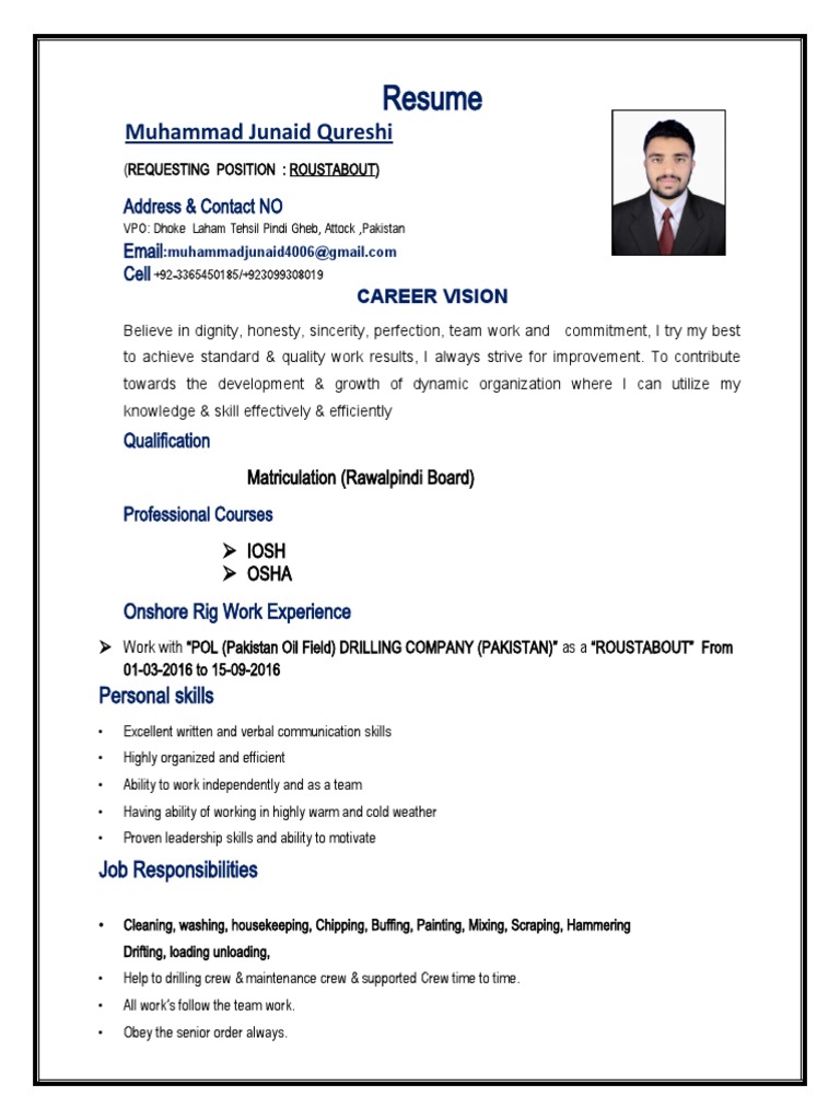 Junaid Qureshi Roustabout CV | PDF