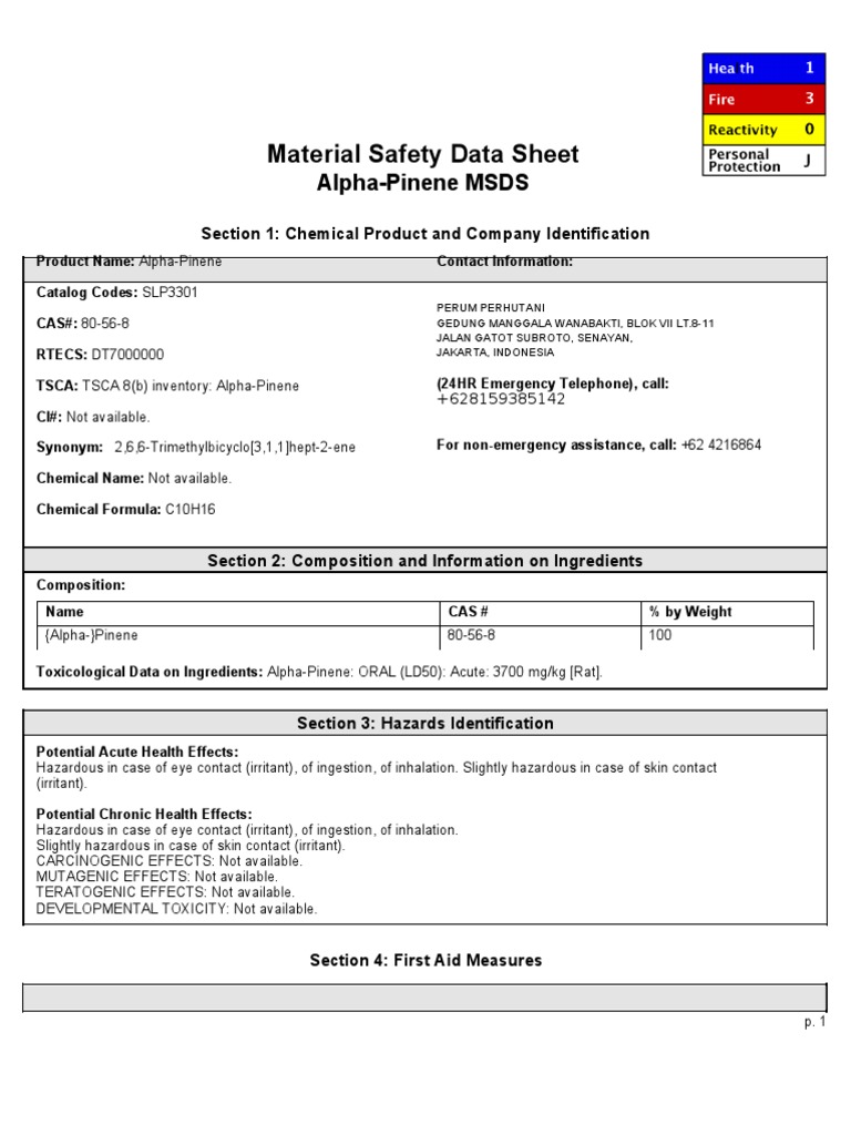 MSDS Alpha Pinene | Toxicity | Explosion
