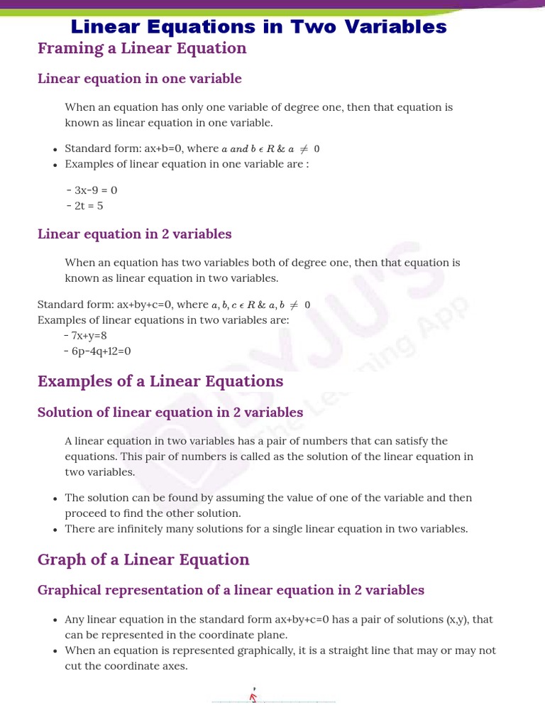 Linear Equations in Two Variables Class 9 | PDF