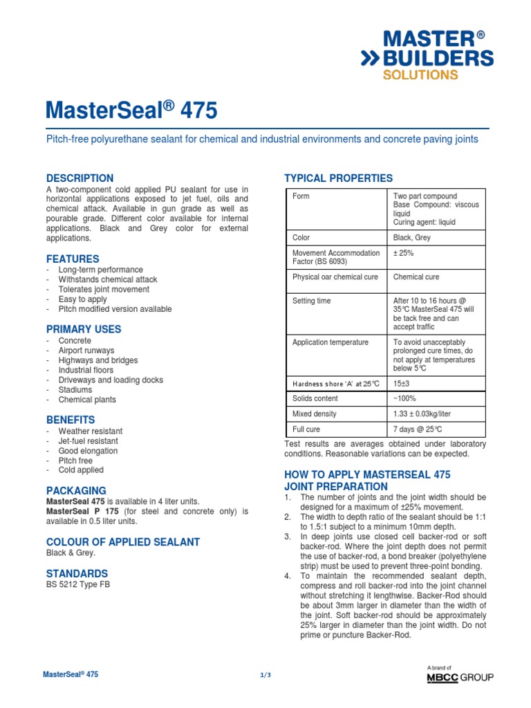Masterseal 475: Pitch-Free Polyurethane Sealant For Chemical and ...
