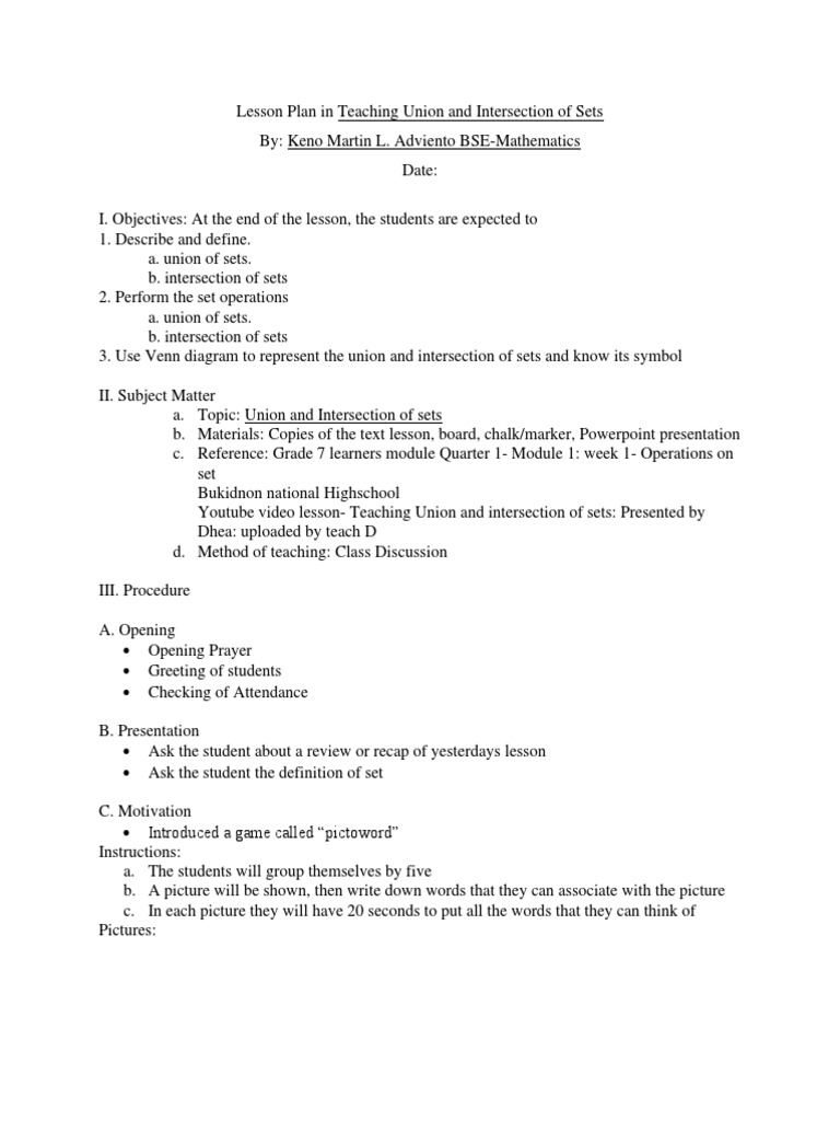 Lesson Plan in Teaching Union and Intersection of Sets | PDF | Lesson ...