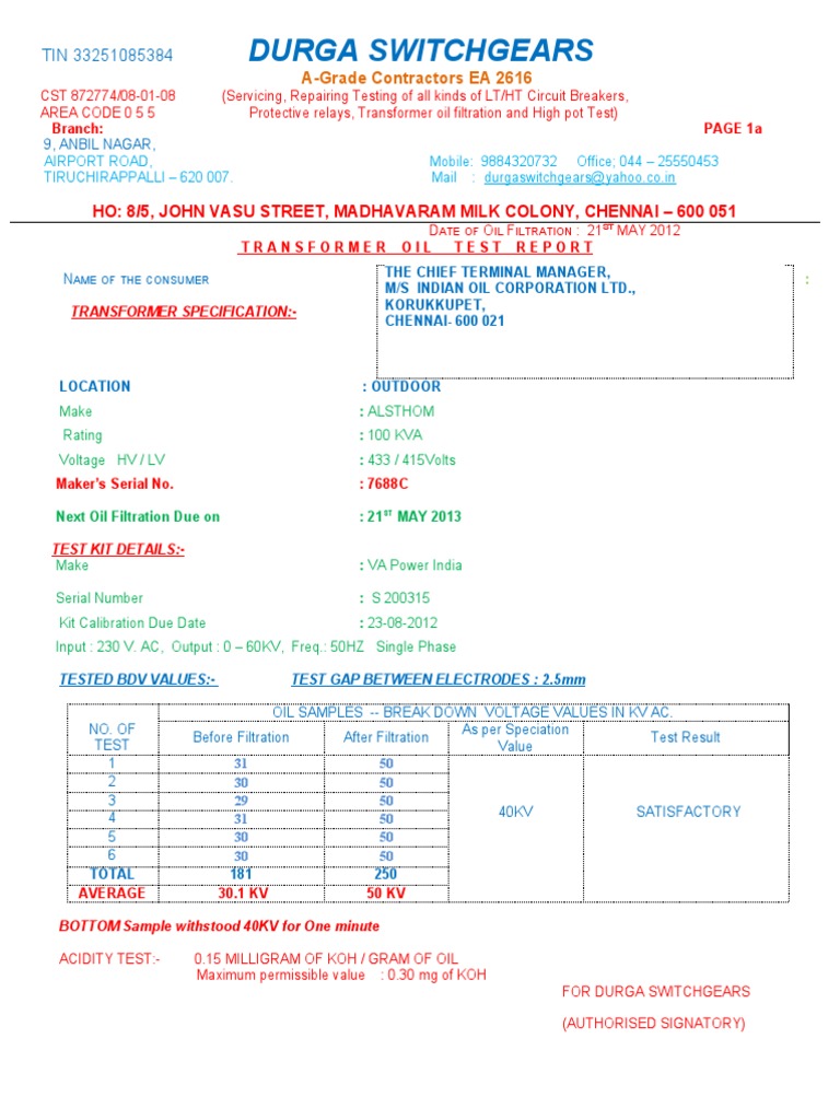 IOC Tr. Oil Test Report | PDF | Transformer | Power (Physics)