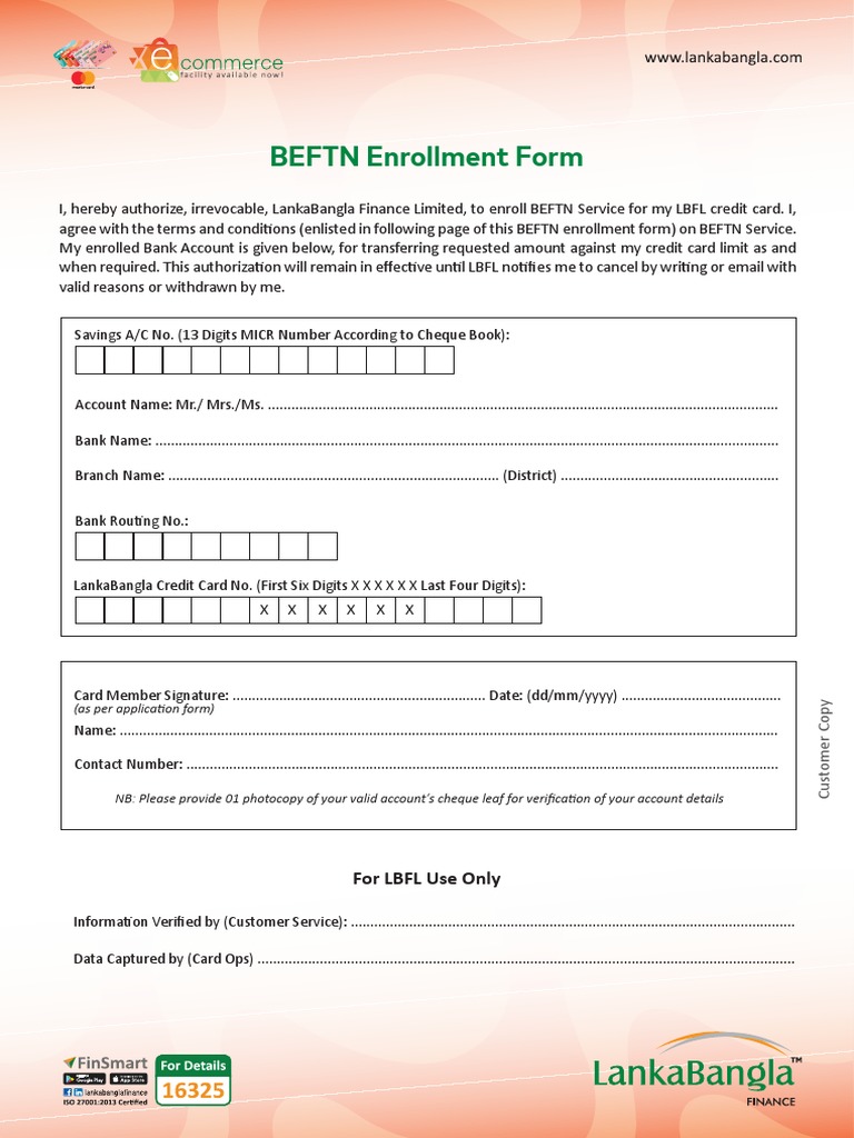 BEFTN Enrollment Form: For LBFL Use Only | Download Free PDF | Credit ...