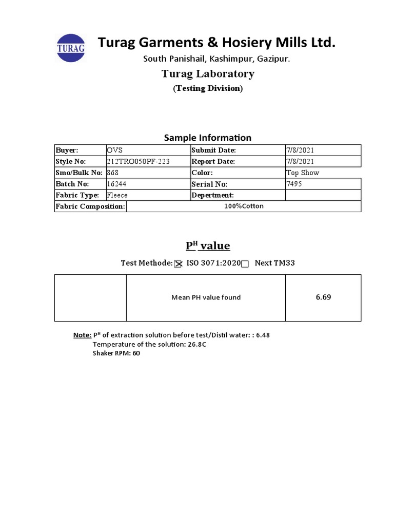 PH Value Test Report | PDF | Ph | Textiles