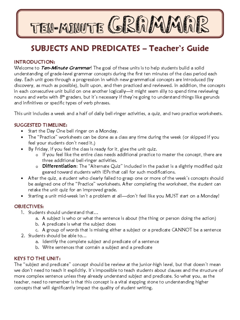 Subject and Predicate Teaching Guide | PDF | Subject (Grammar ...