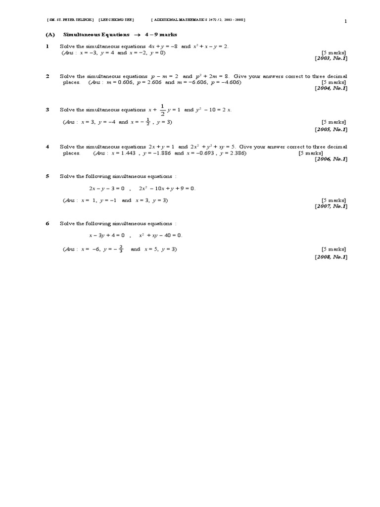 (A) Simultaneous Equations 1: y 1 and y | PDF | Line (Geometry ...