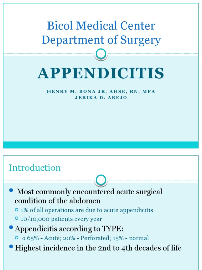 Bicol Medical Center Department of Surgery: Appendicitis | PDF ...