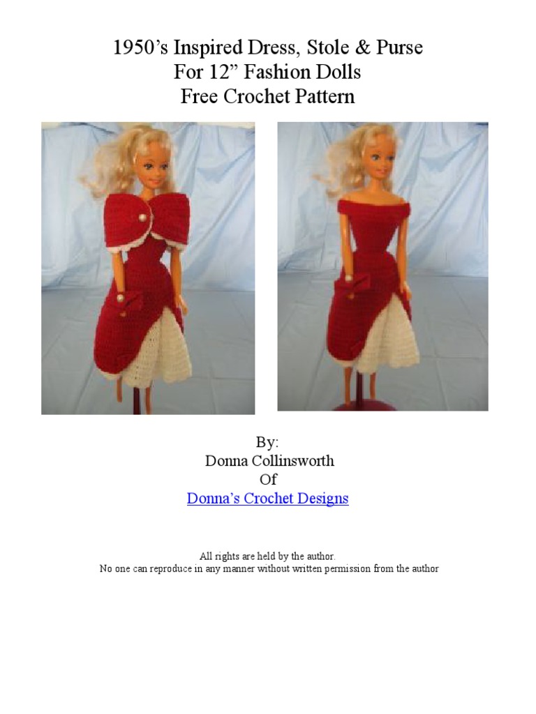 1950's Inspired Dress, Stole & Purse For 12" Fashion Dolls Free Crochet ...